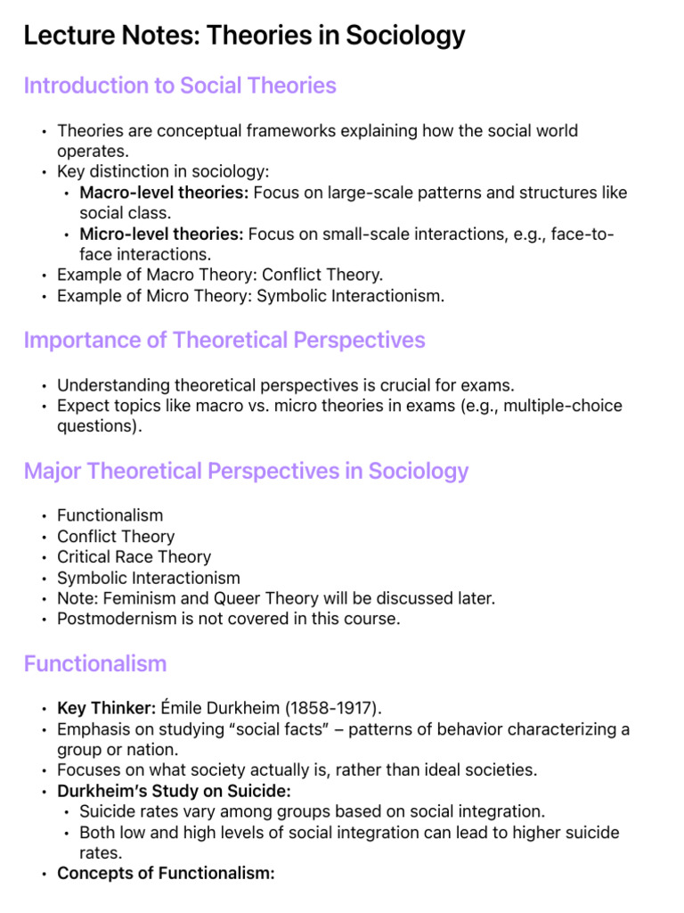 Understanding Key Sociological Theories Notes | PDF