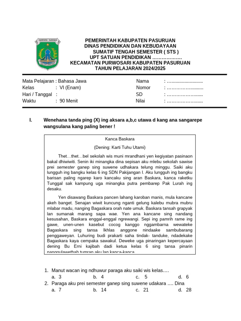 SOAL STS BAHASA JAWA | PDF
