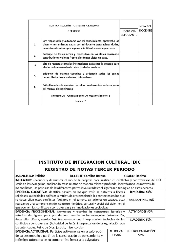 RUBRICA RELIGION 3p 2024 Decimo | PDF