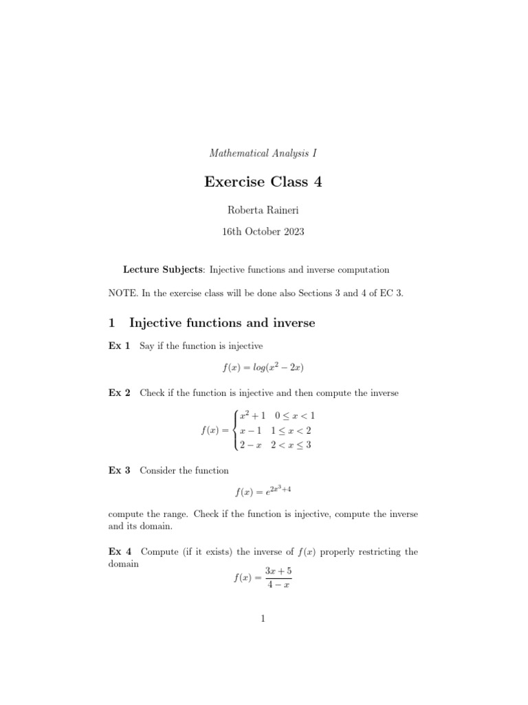 Exercise Class 4: 1 Injective Functions and Inverse | PDF