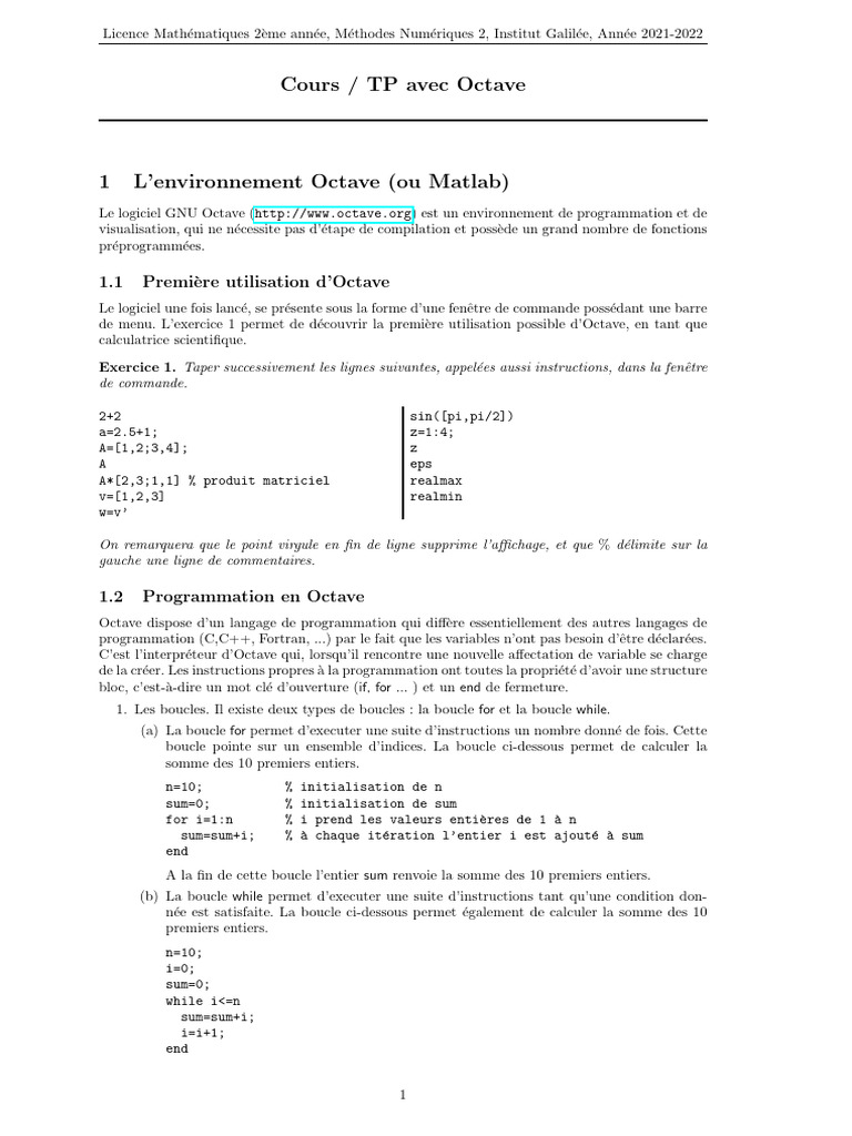 Cours / TP Avec Octave: 1.1 Premi' Ere Utilisation D'octave | PDF