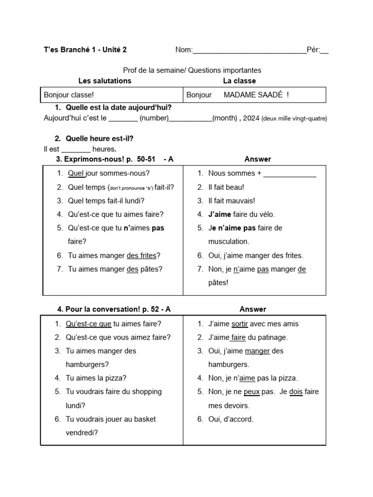 TB1- Questions Importantes- Unit 2 French 1- S. | PDF