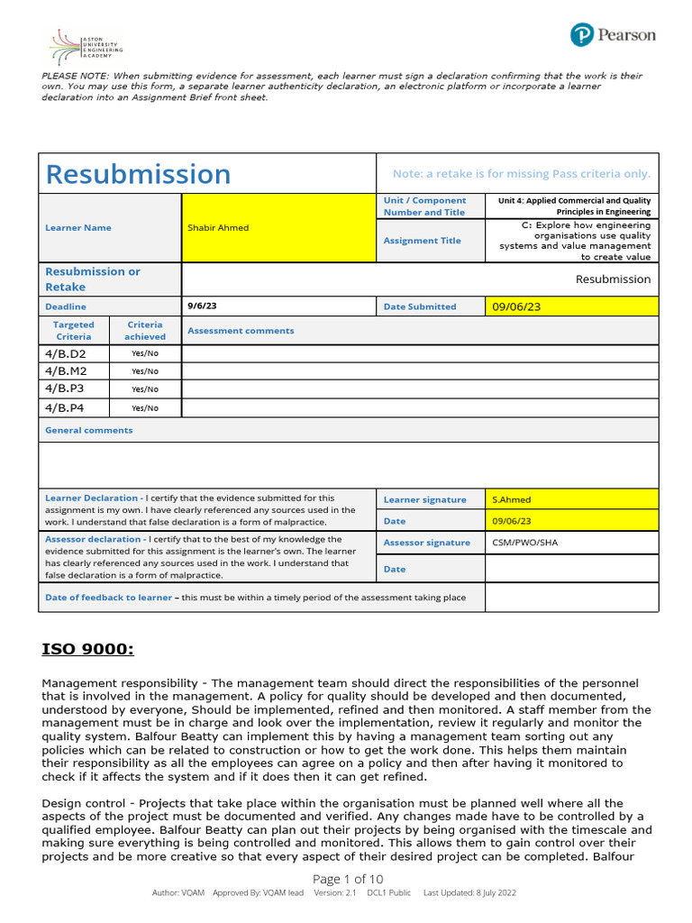 Btec-Template Resubmission U4 Aim C 20222023 | PDF