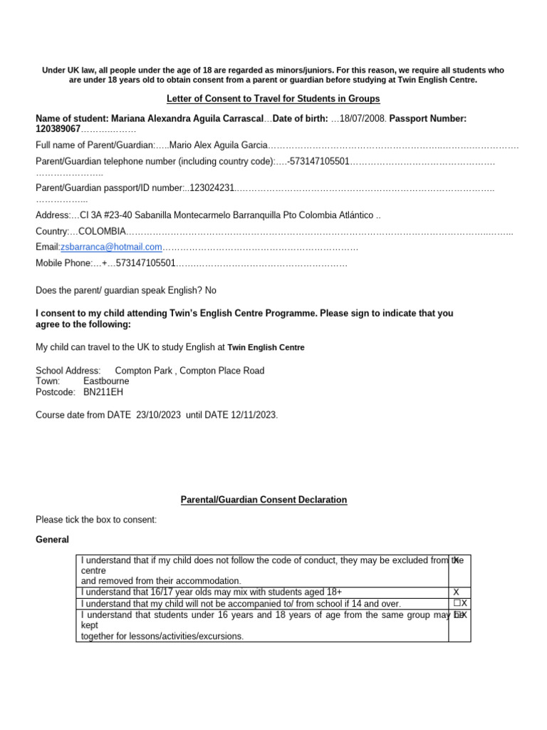 Letter of conset of travel | PDF