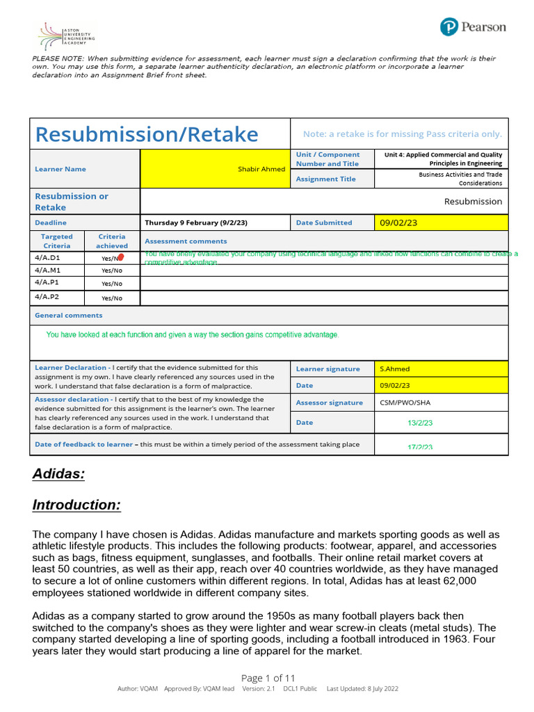 Btec-Template Resubmission U4 Aim A 20222023.docx - Annotated | PDF | Income Statement | Brand