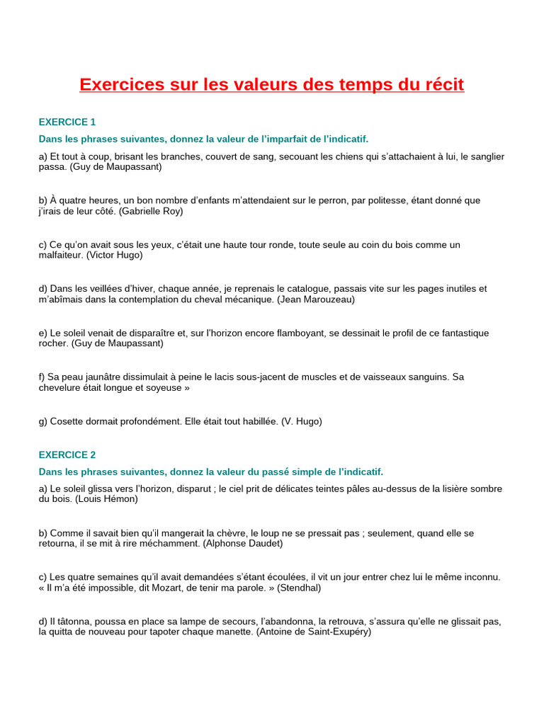 Exercices sur les valeurs des temps du récit-1 | PDF