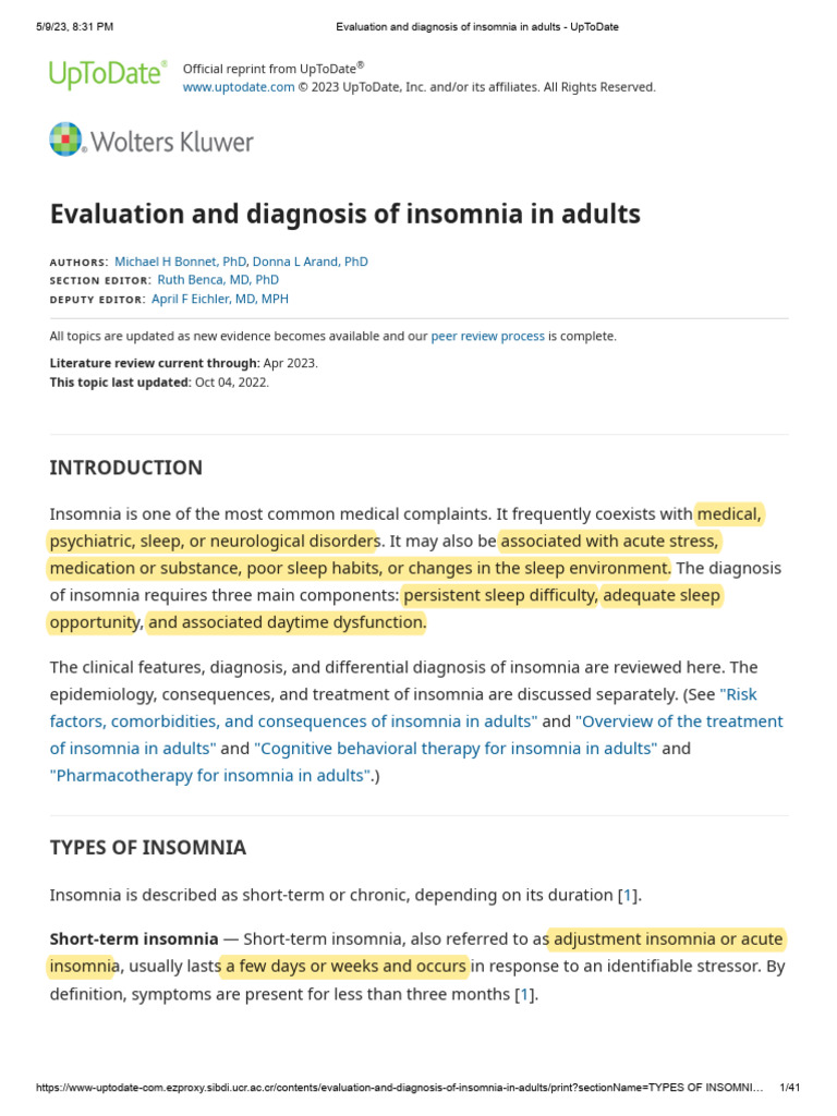 Evaluation and Diagnosis of Insomnia in Adults - UpToDate | PDF