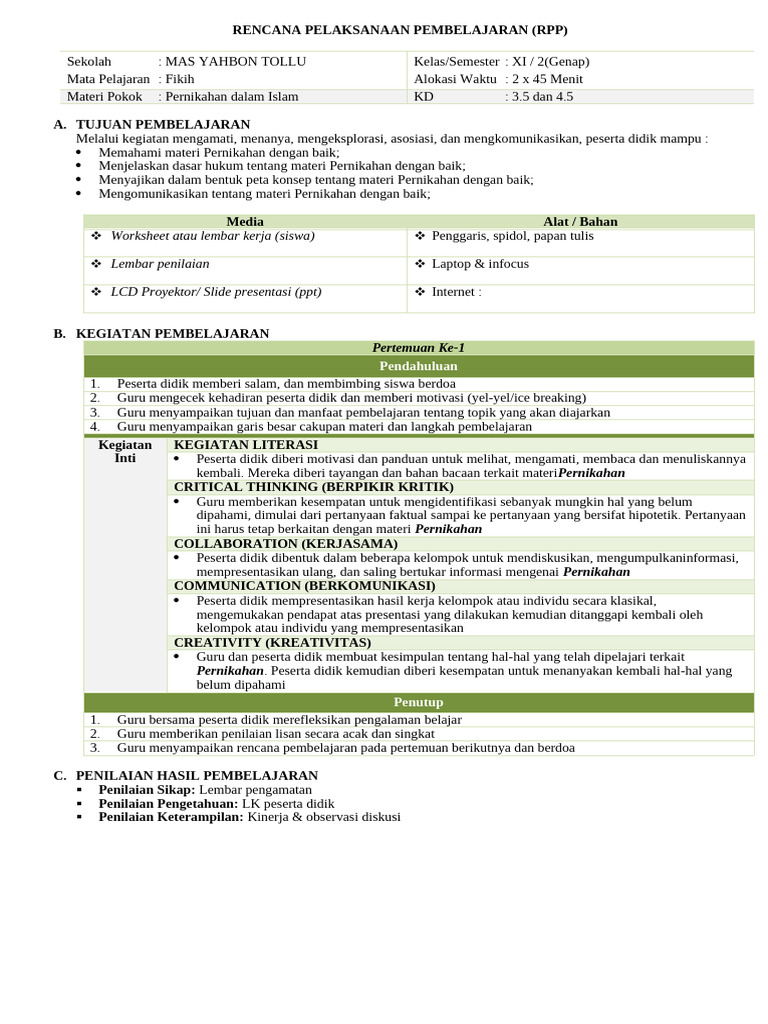 RPP II Fikih Kelas 11 SEM 2 | PDF