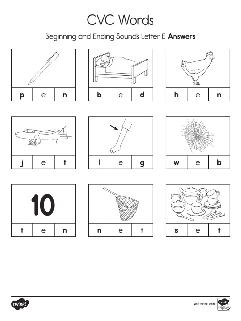 Answer Key CVC Words Beginning and Ending Sounds Letter E Worksheet | PDF