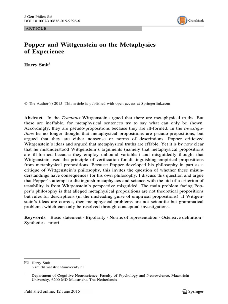 Harry Smit - Popper and Wittgenstein On The Metaphysics of Experience | PDF