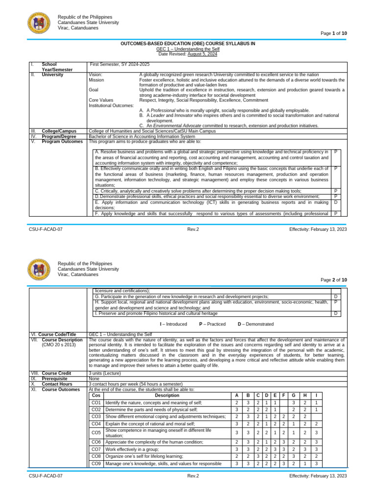 OBE Syllabus in GEC 1 Understanding The Self BSAIS First Sem. 2024 2025 | PDF | Learning ...