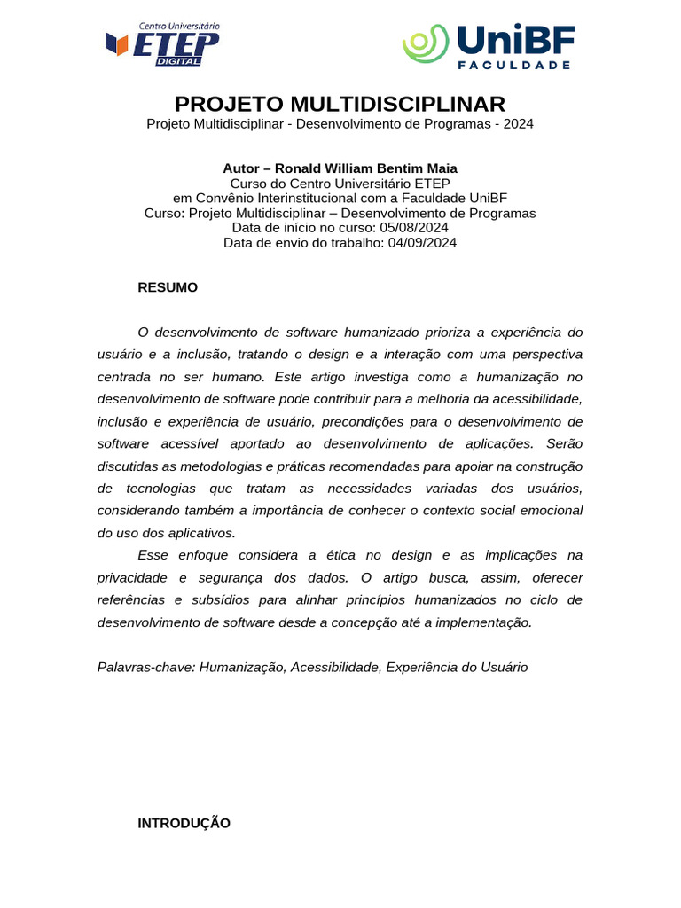 Projeto Multidisciplinar - Desenvolvimento de Programas - 2024 | PDF