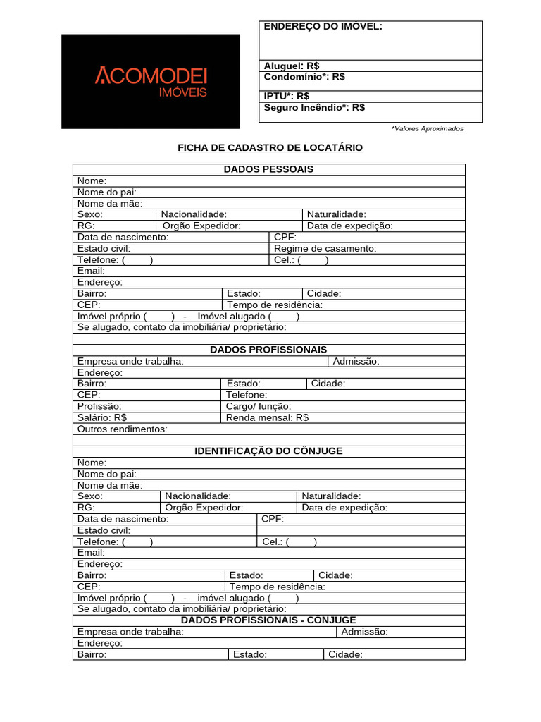 02 - Modelo - Ficha de Cadastro Locatário PF - Finalizada | PDF