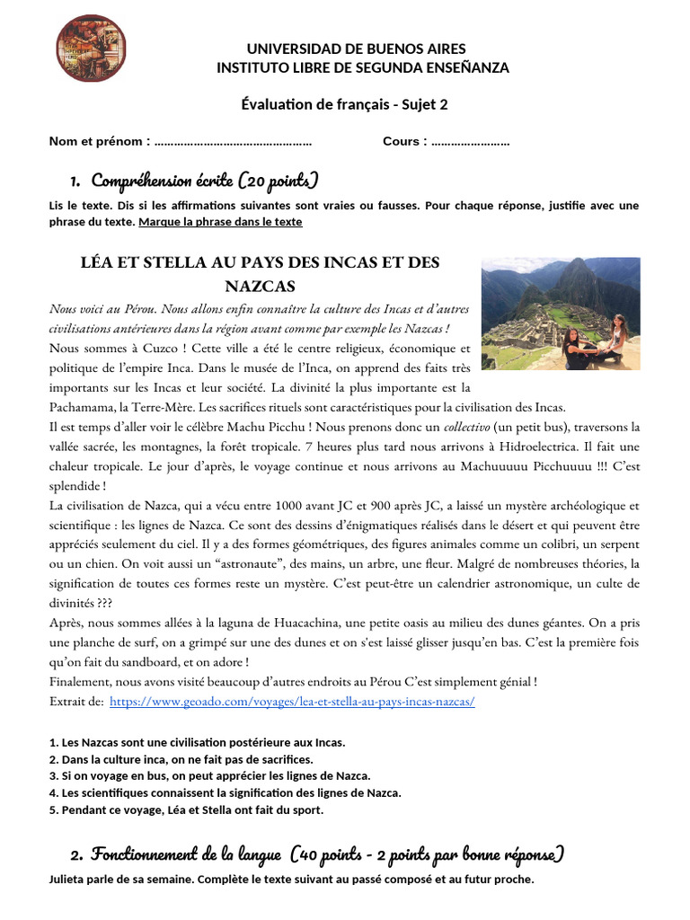 Évaluation pre-integradora_Sujet 2 | PDF