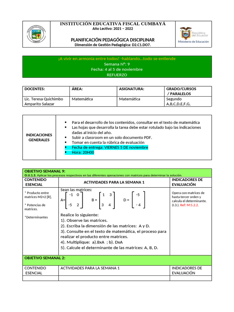 Matemática 2do - Semana 9 - Ficha Disciplinar Semanal 21 - 22 | PDF