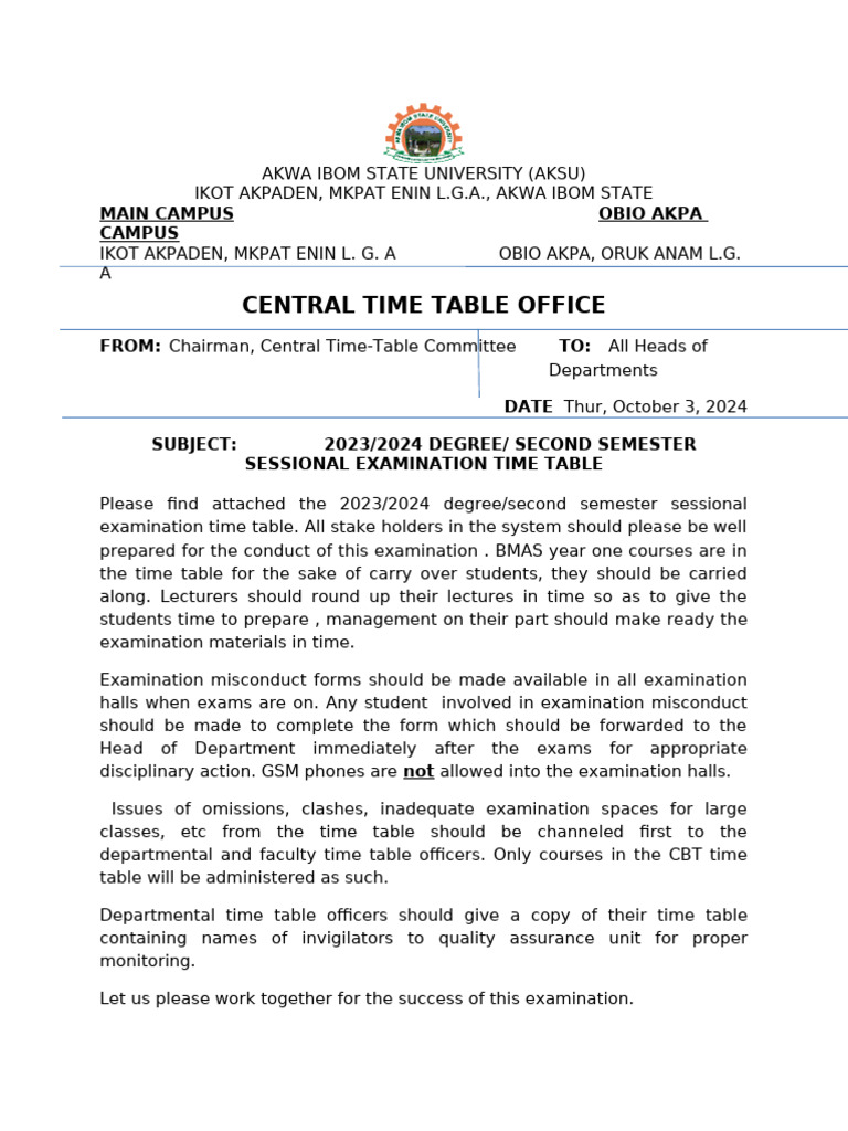 2023-2024 Second Semester Examination Time Table | PDF