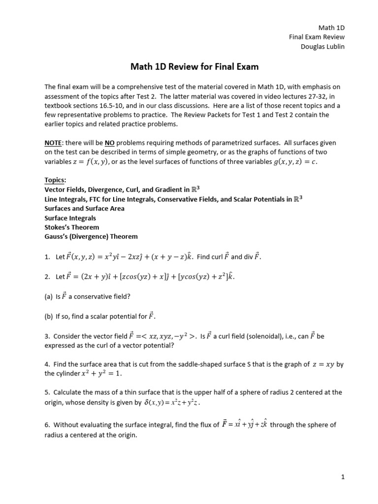 Math 1D Review For FInal Exam | PDF | Integral | Mathematical Analysis