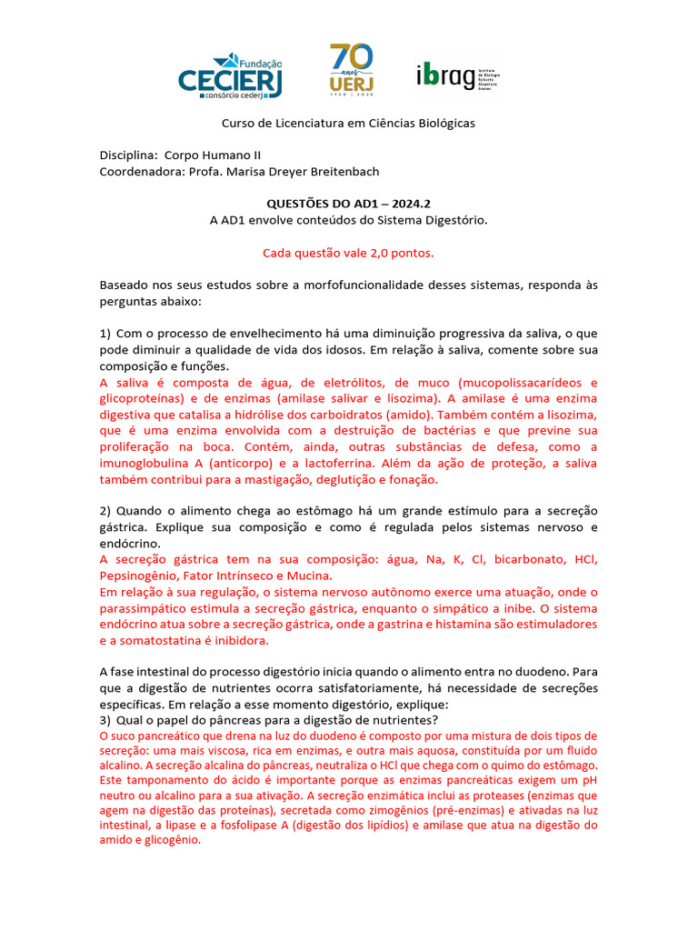 AD1 Com Gabarito Corpo Humano II 2024.2 | PDF