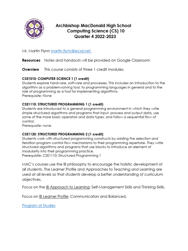 Computing Science 10 Course Outline Q4 - 2022-23 | PDF