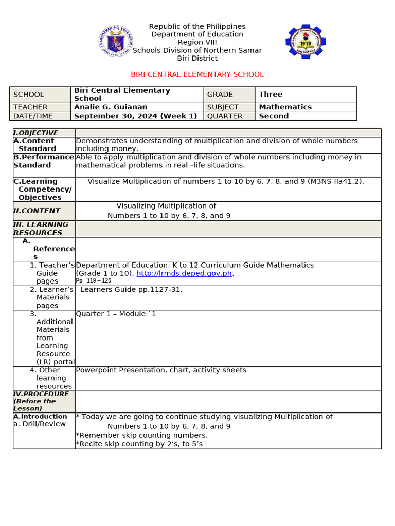 Q2 - Mathematics DLP - Day 1 Week 1 | PDF | Multiplication | Cognition
