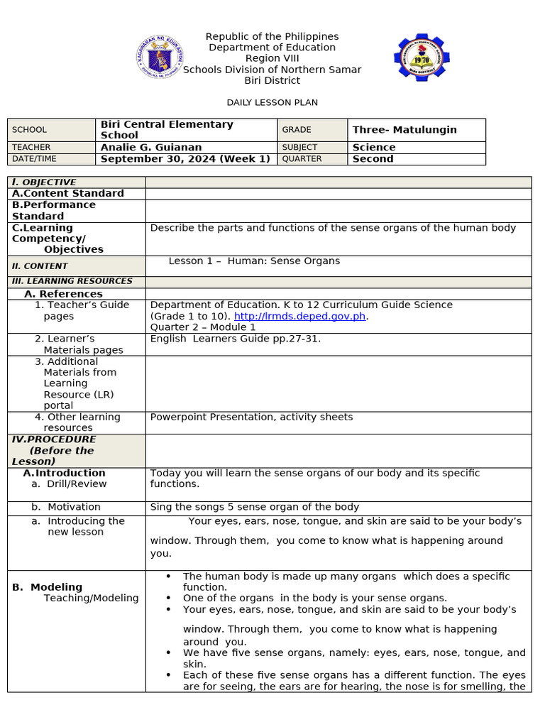 Grade 3 Science Lesson Plan: Sense Organs | PDF | Senses | Taste