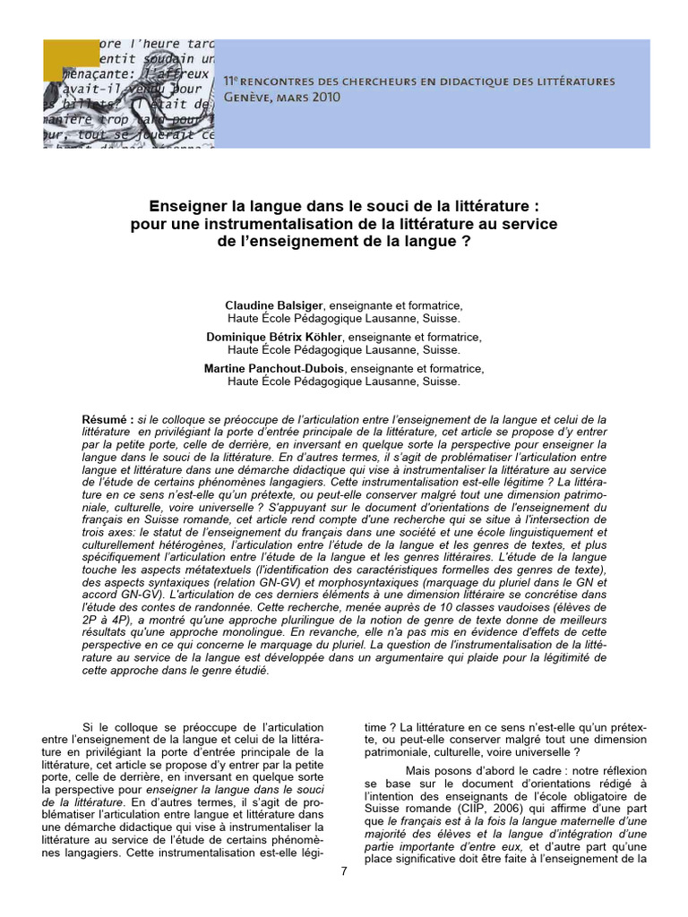 Balsiger_Enseigner la langue dans le souci de la littératurE | PDF