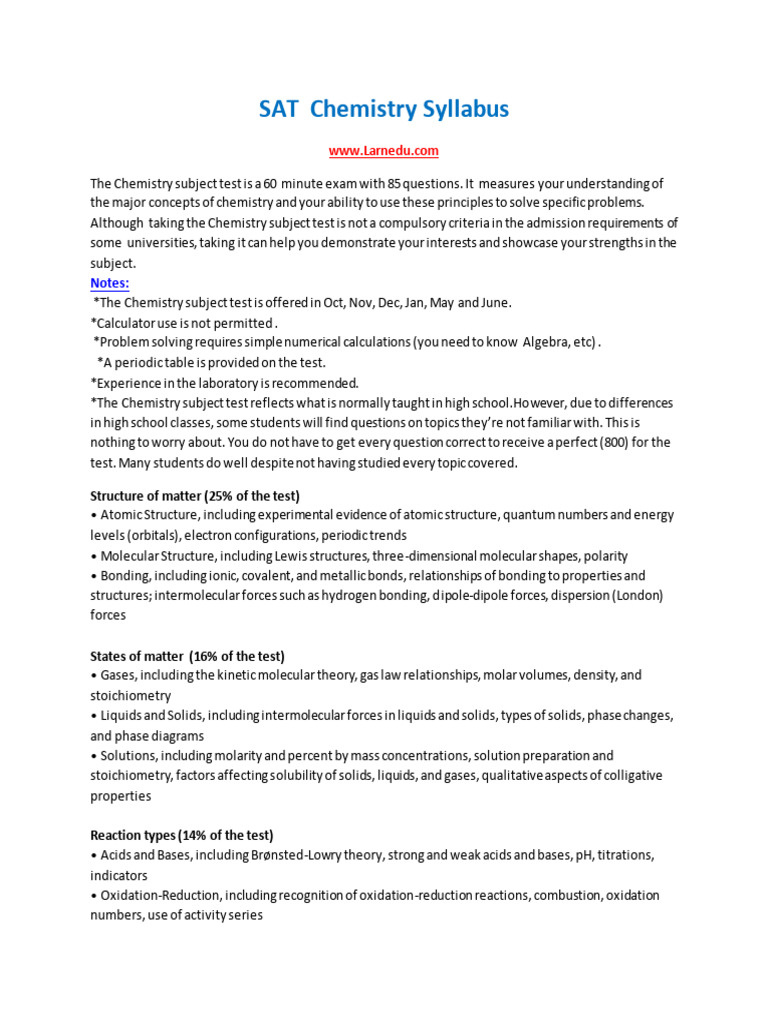 SAT Chemistry Subject Test Syllabus | PDF