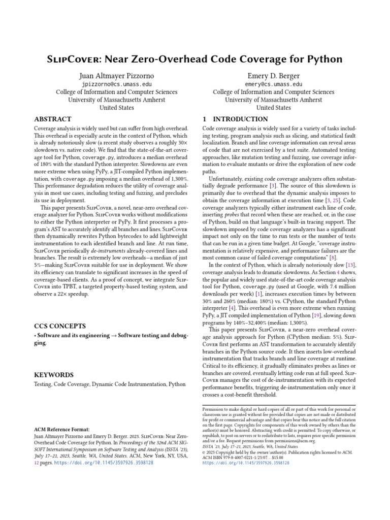 Slipcover: Near Zero-Overhead Code Coverage For Python: Juan Altmayer Pizzorno Emery D. Berger | PDF