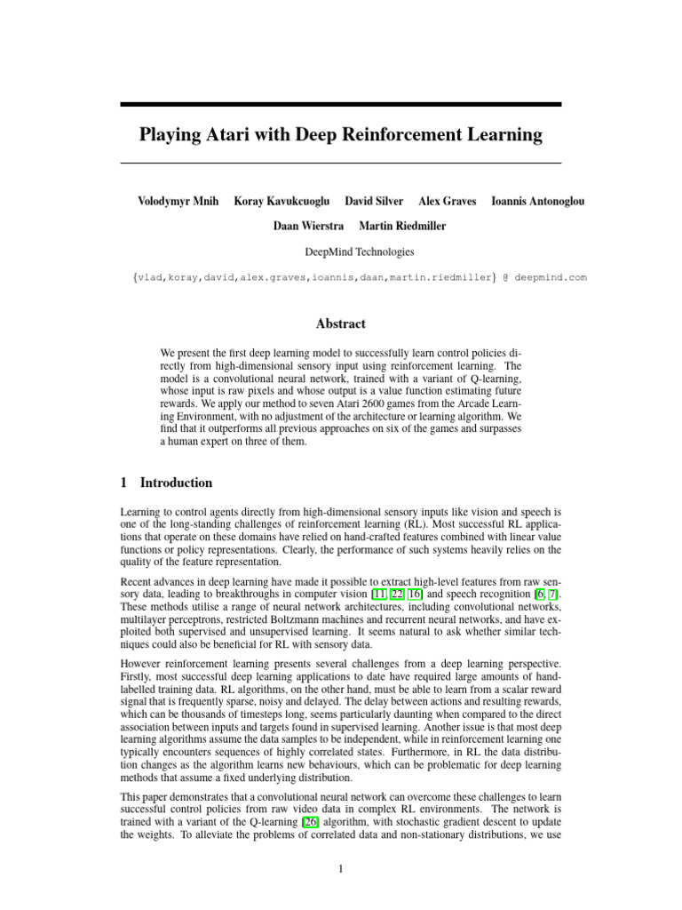 Playing Atari With Deep Reinforcement Learning | PDF