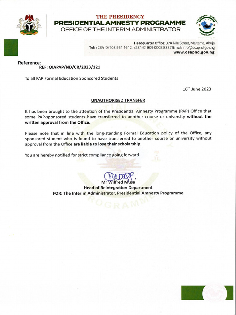 Notice To PAP-sponsored Students On Unauthorised Transfer - June 2023 | PDF