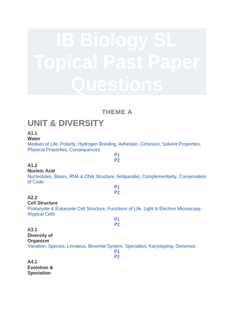 IB Biology SL Topical Past Paper Questions | PDF
