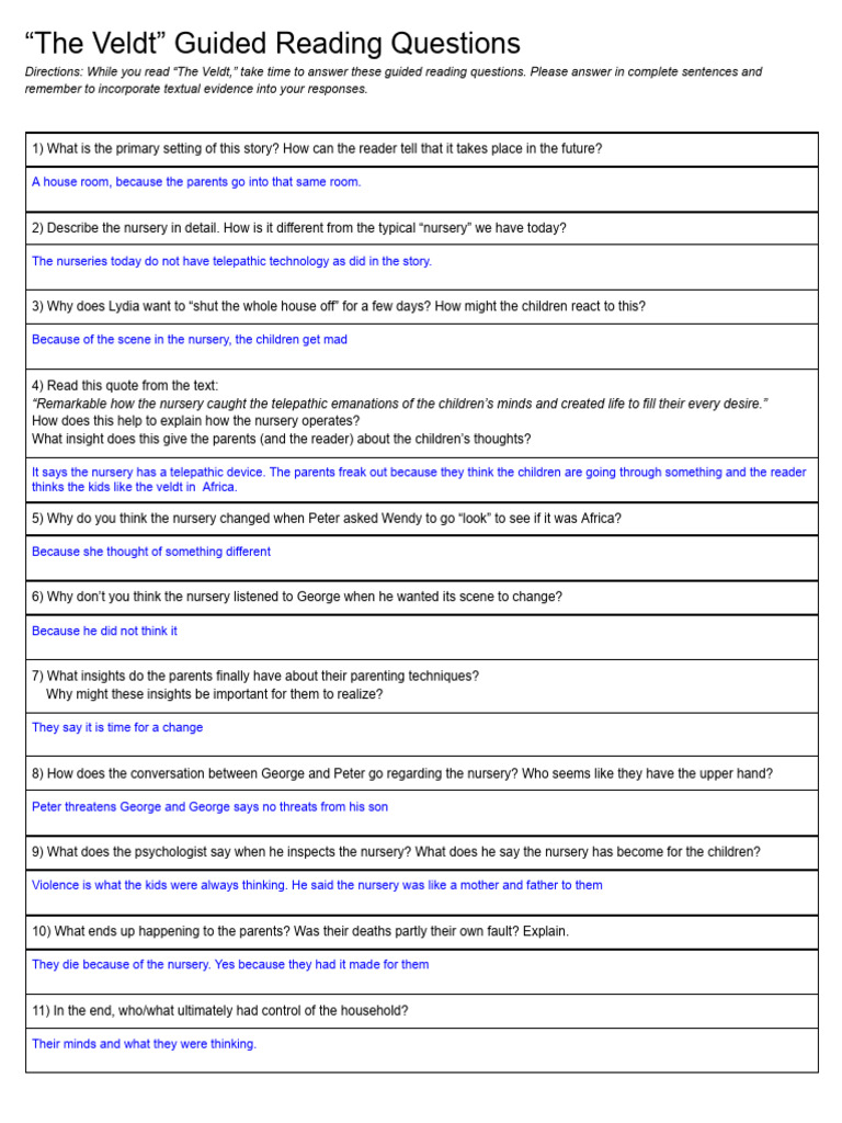 “the Veldt” Guided Reading Questions | PDF