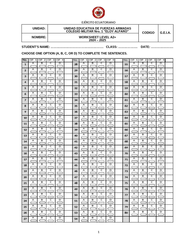 Answer Sheet Worksheet A2+2024-2025 | PDF