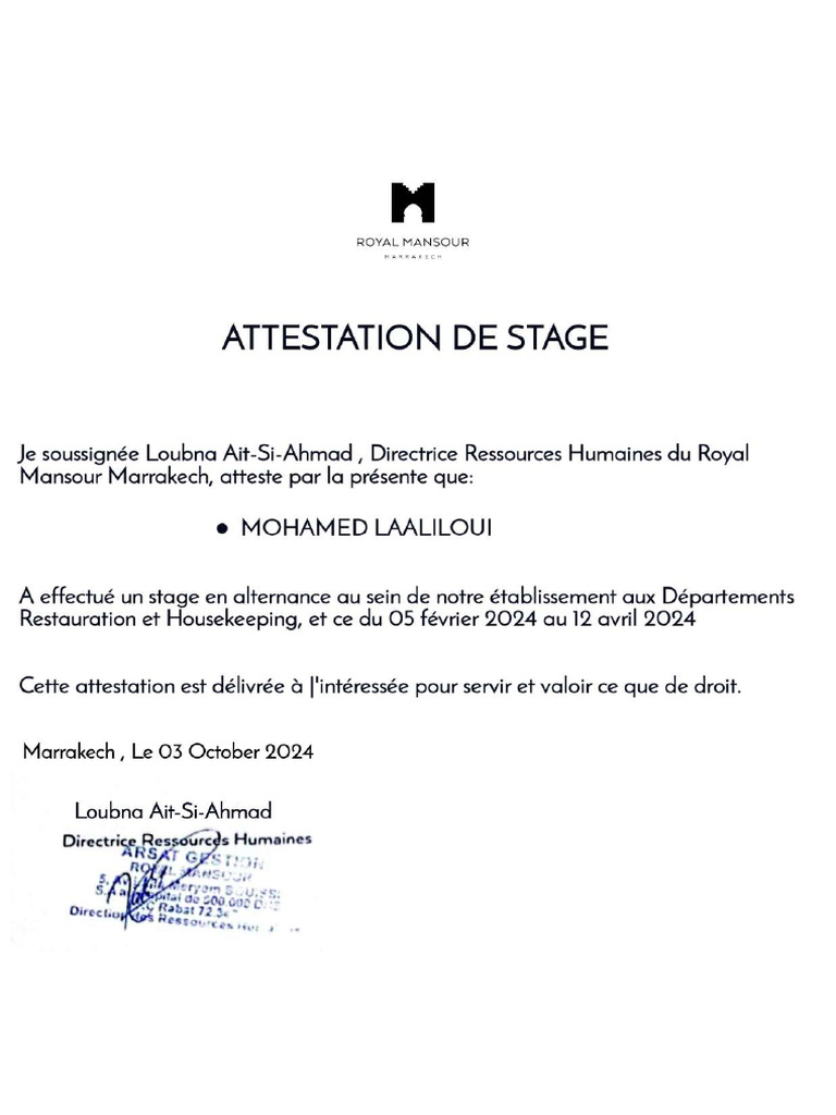 Attestation de Stage Laaliloui | PDF