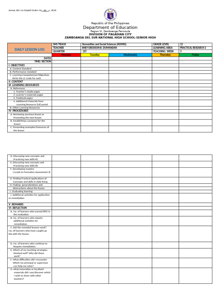 Daily Lesson Log Template | PDF