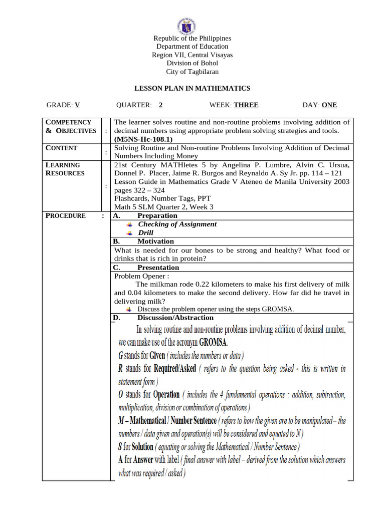 Prototype Math-5 Lesson-Plan Q2 Week3 Day1-5 | PDF | Mathematics