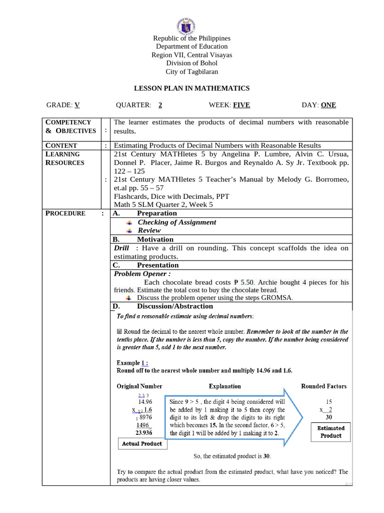 Prototype Math 5 Lesson Plan Q2 Week5 Day1 5 Pdf Mathematics Wellness