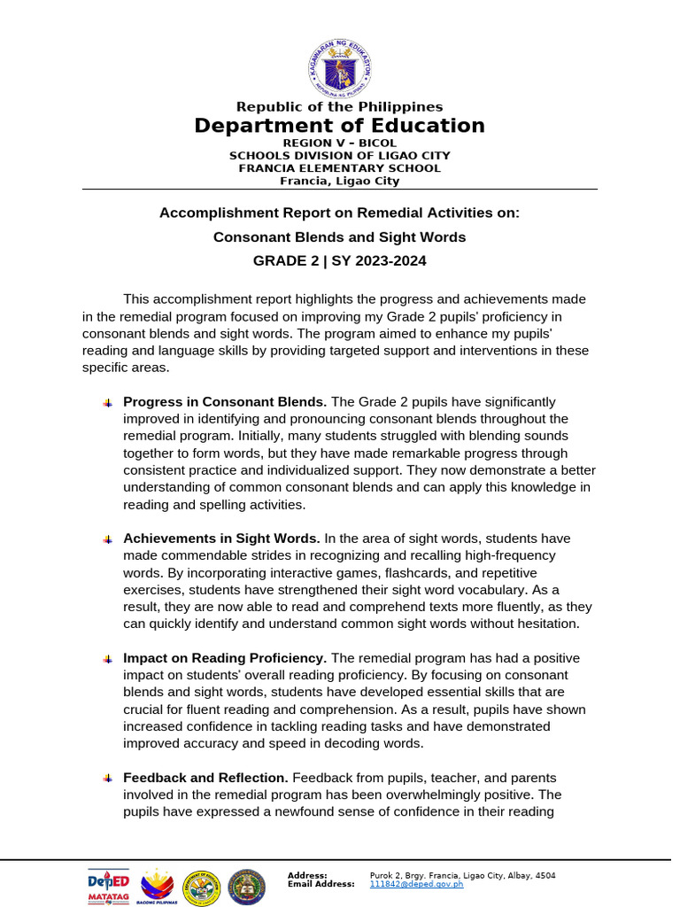 Accomplishment Report On Remedial Activities On | PDF