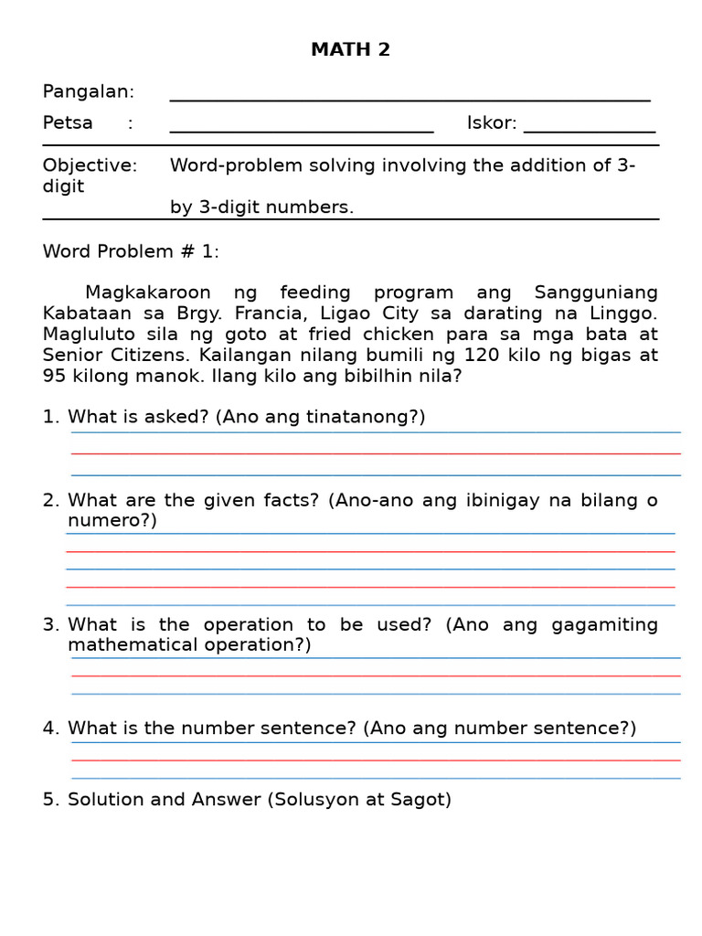 Word Problem Grade 2 - Addition of 3 Digit | PDF
