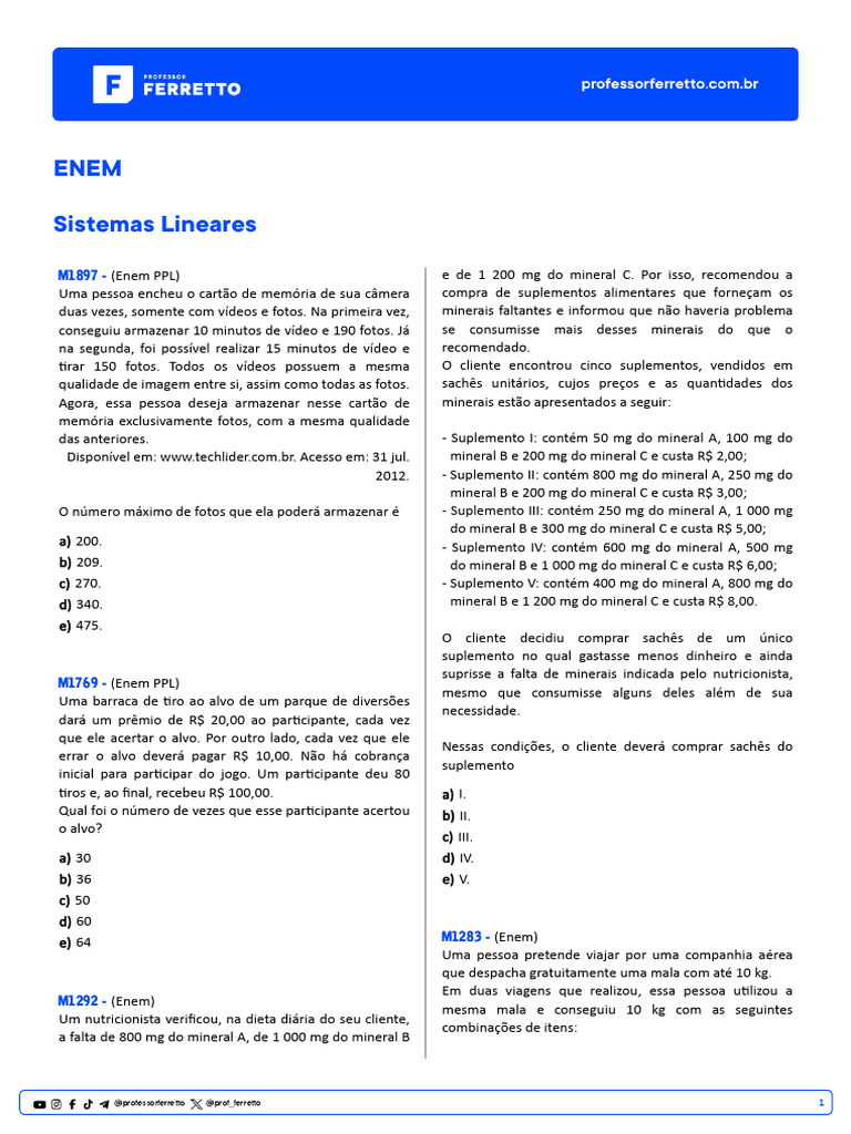 Questions Matematica Sistemas-Lineares ENEM | PDF