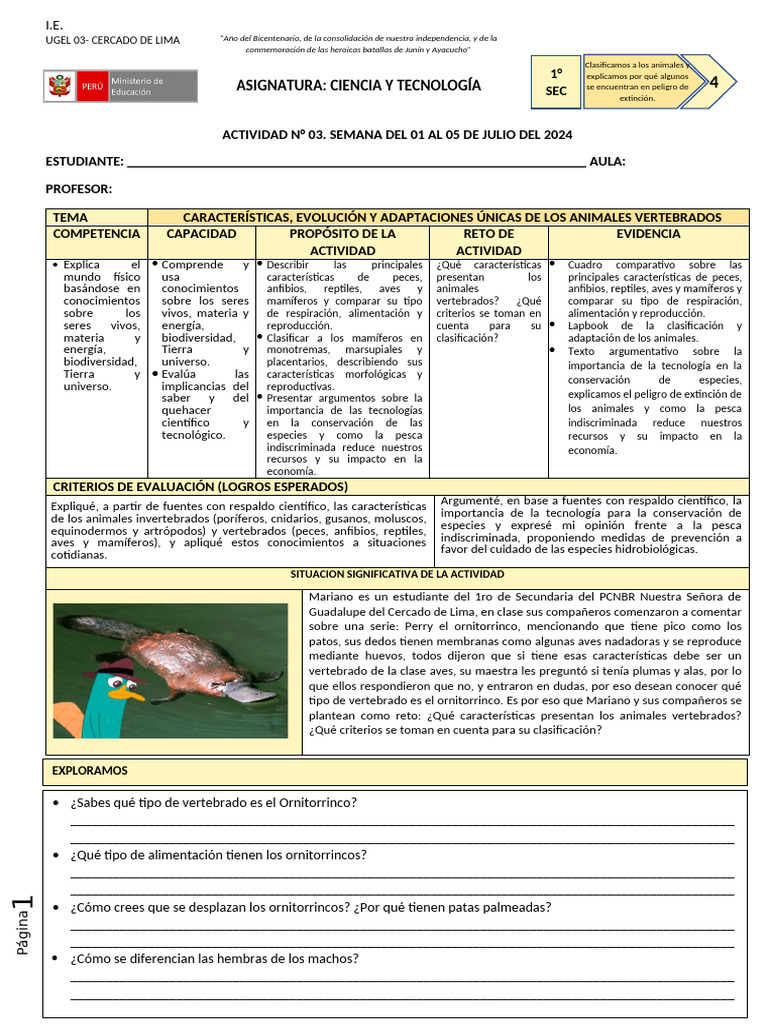 1°sec - UNIDAD 4 - ACTIVIDAD 3 (CyT Explica 2024) - Características, Evolución y Adaptaciones ...
