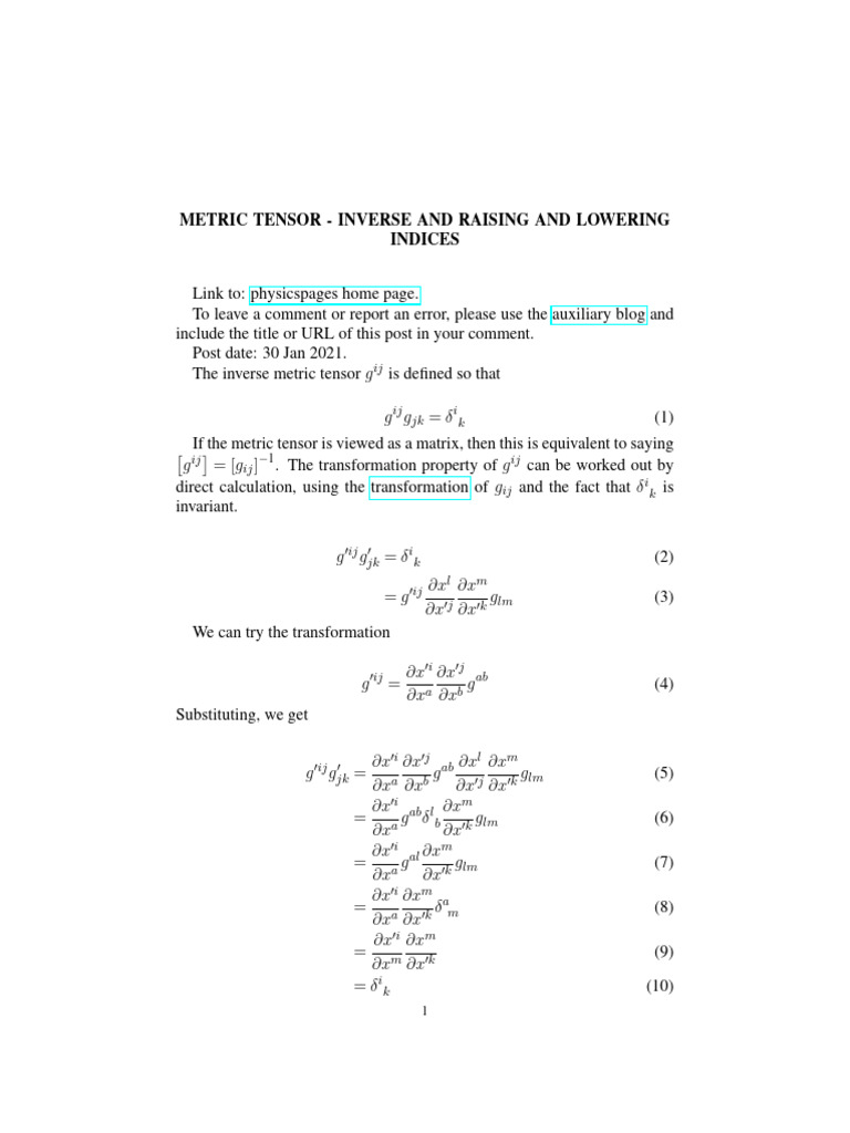 Metric Tensor - Inverse and Raising and Lowering Indices | PDF | Tensor ...