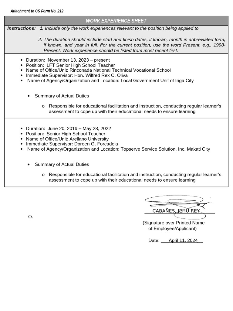 Cs Form No. 212 Attachment - Work Experience Sheet | PDF