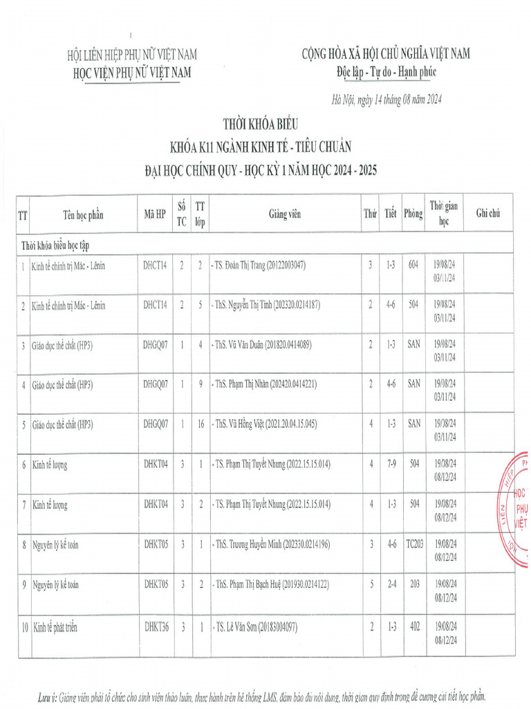 TKB HK24 - 1 Khoá 9-10-11 | PDF