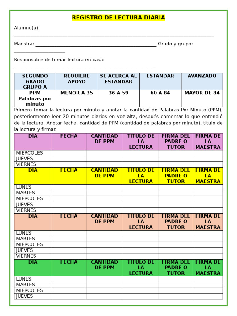 REGISTRO DE LECTURA DIARIA | PDF