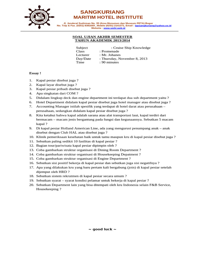 Soal UAS Cruise Ship Knowledge | PDF