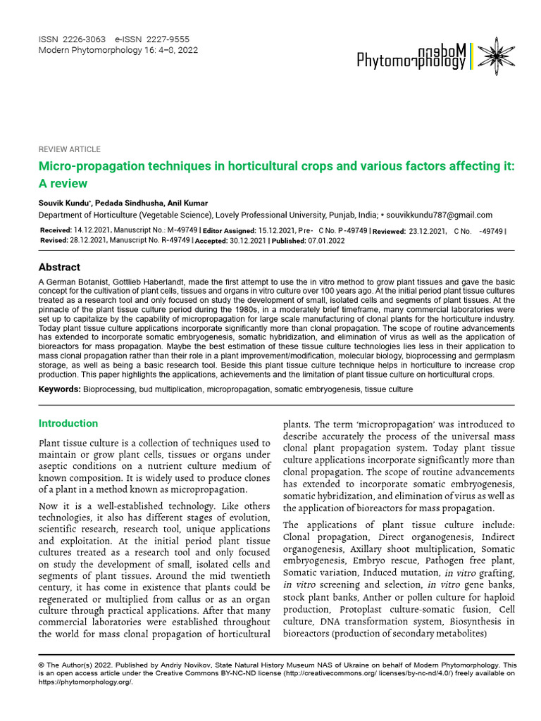 Micropropagation Techniques in Horticultural Crops and Various Factors Affecting It A Review ...