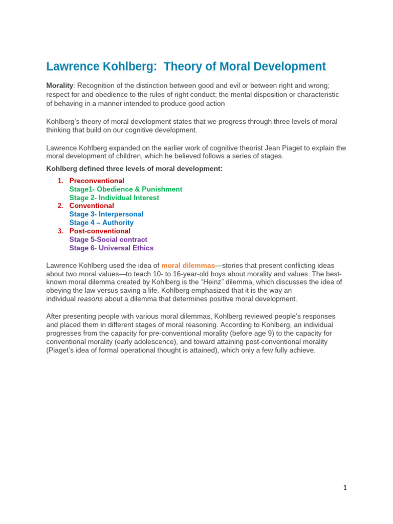 Kohlbergs Theory of Moral Development | PDF