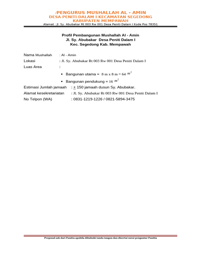 Proposal Mushollah Al-Amin + Rencana Anggaran Biaya | PDF