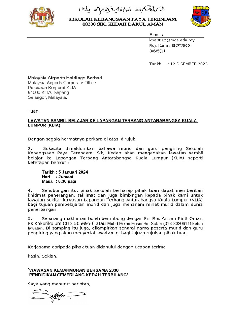 Surat Rasmi Lawatan Ke Klia | PDF